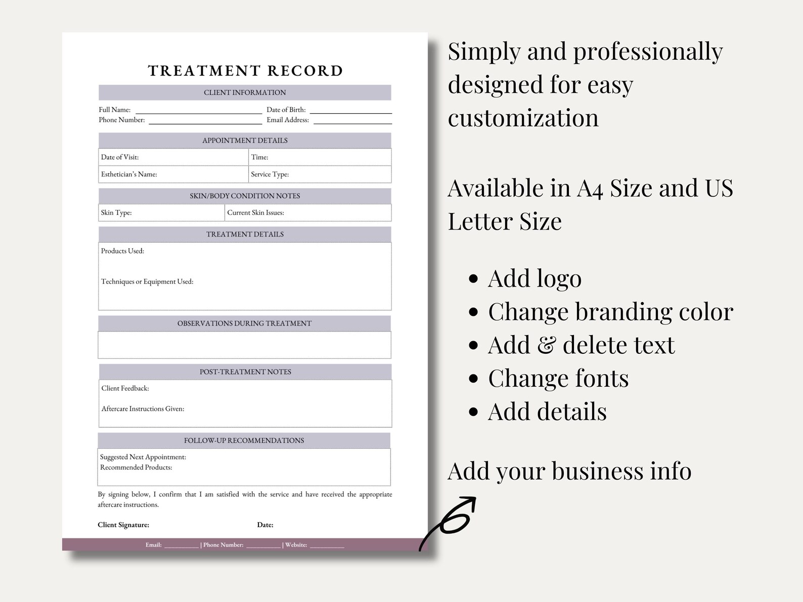 Esthetician Client Treatment Record Form: Editable Skincare Log (PDF ...