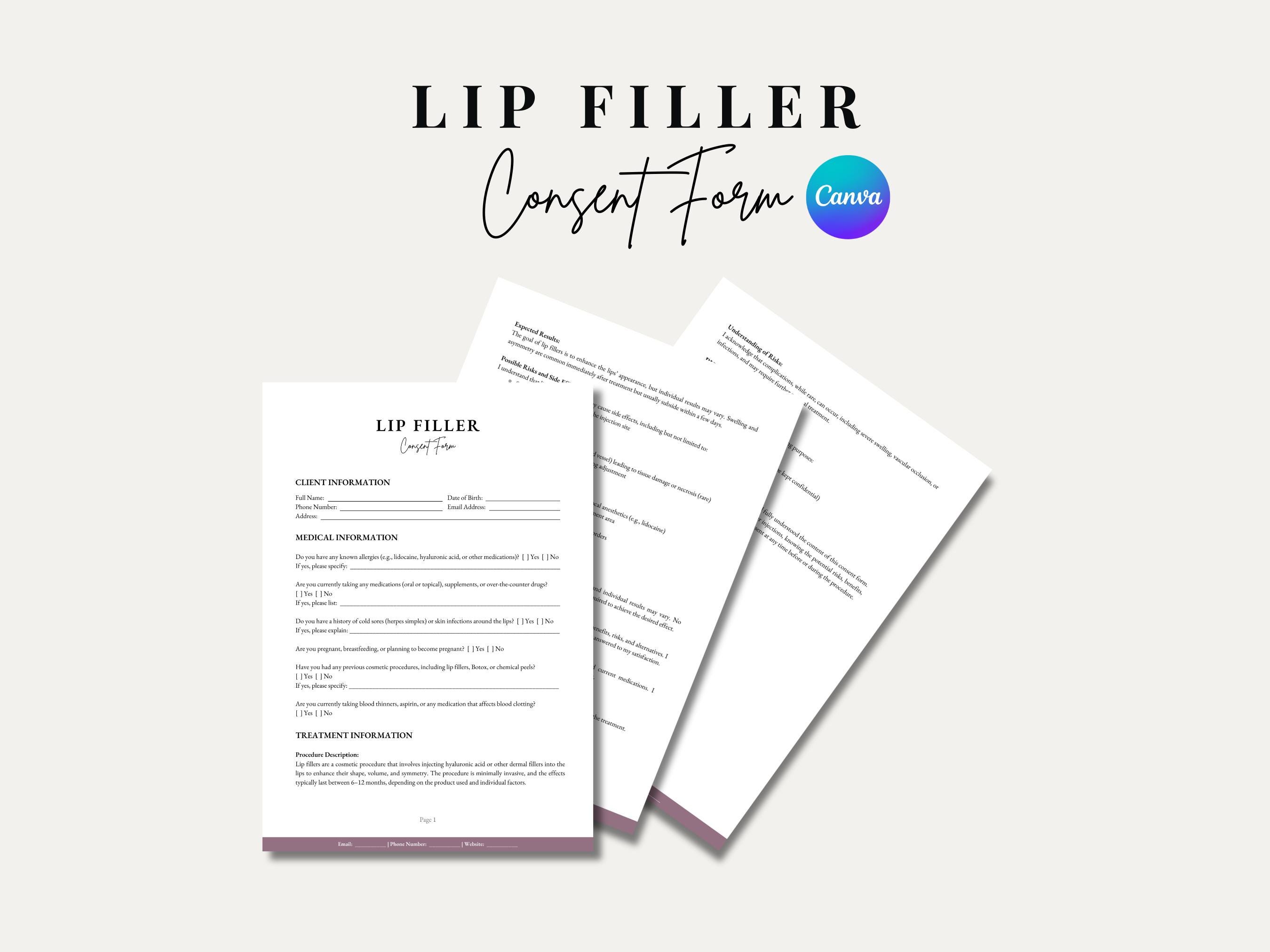 Printable Lip Filler Consent Form Template | Aesthetic Injector Forms for Med Spa Professionals ...