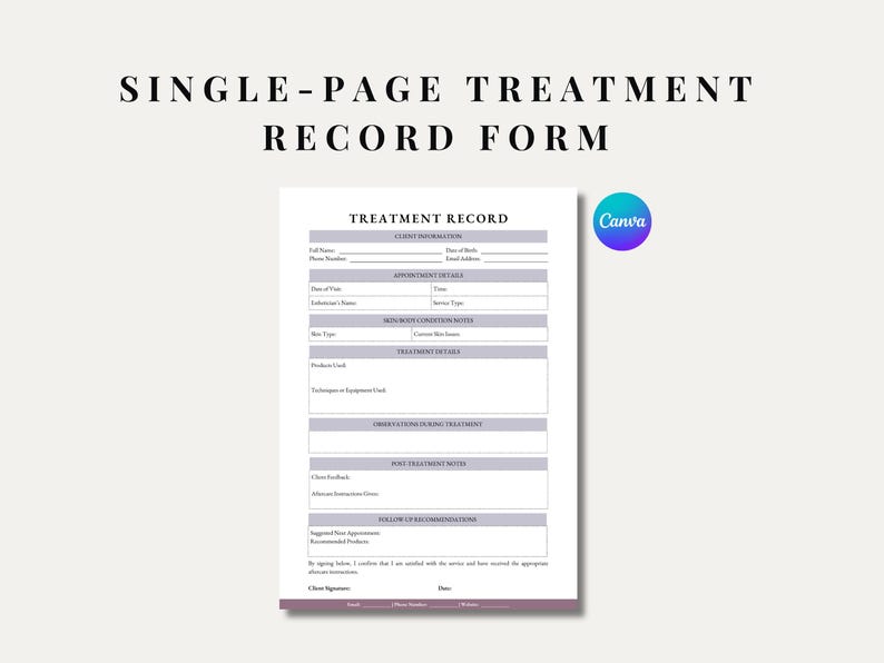 Esthetician Client Treatment Record Form: Editable Skincare Log (PDF ...