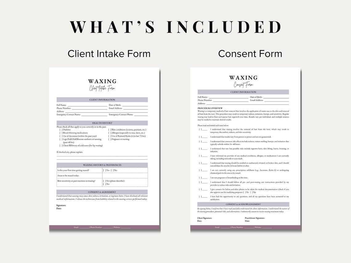 Waxing Forms Bundle: Client Intake, Consent & Aftercare (PDF Kit) - Etsy