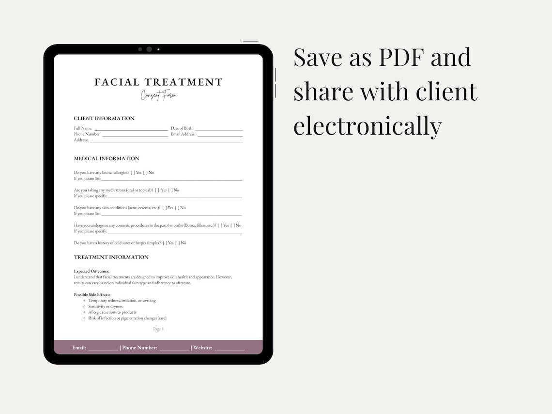 Editable Minimalist Facial Consent Form, Esthetician Form, Spa Business ...