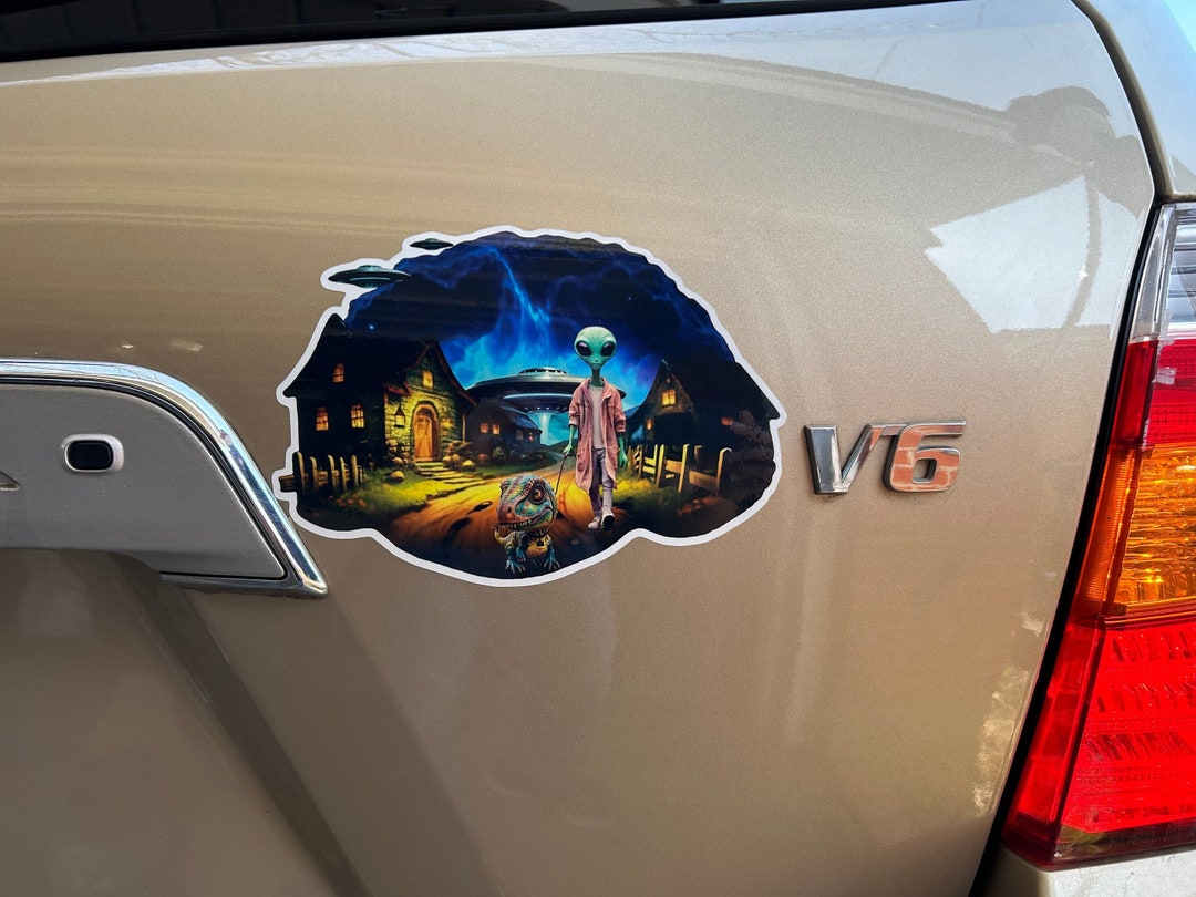 Alien Bumper Sticker, Dinosaur Vinyl Sticker, UFO Sticker, Alien Taking ...