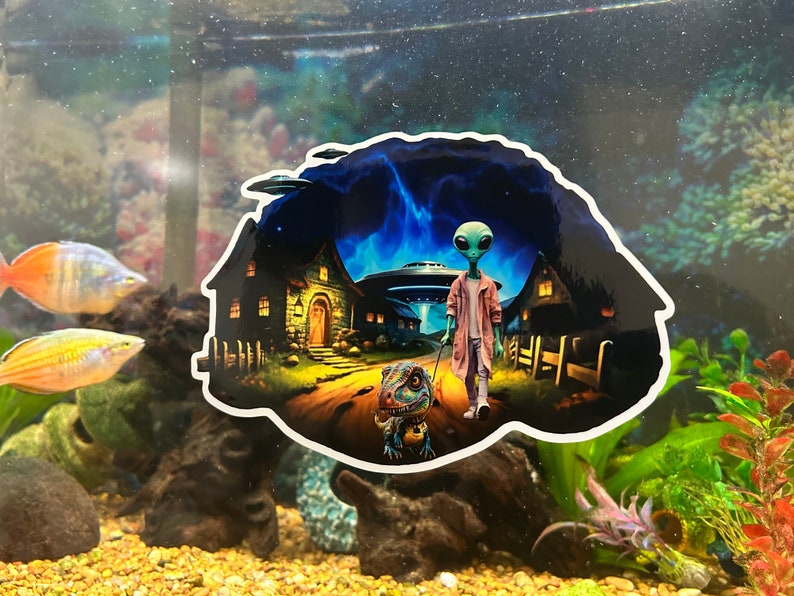 Alien Bumper Sticker, Dinosaur Vinyl Sticker, UFO Sticker, Alien Taking ...