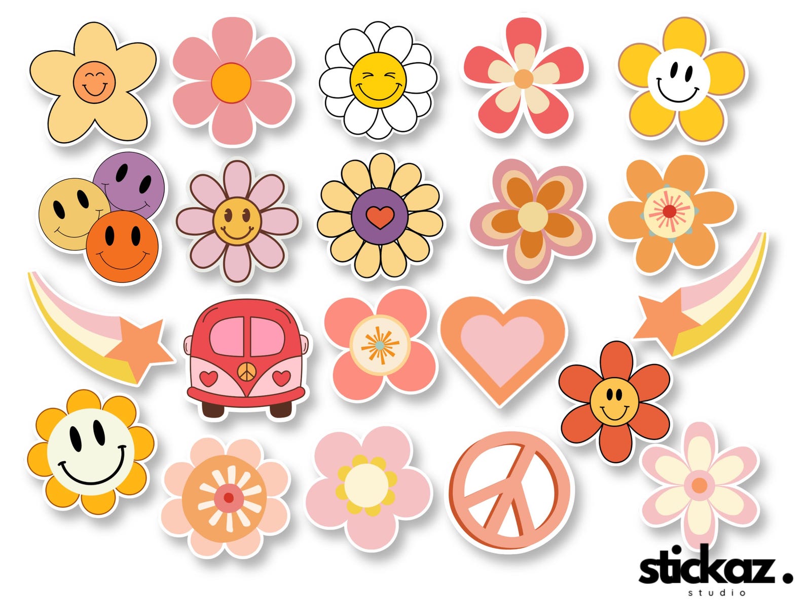 21 Pcs Retro Flowers Vintage Hippie Groovy 70's Flower Planner Journal ...