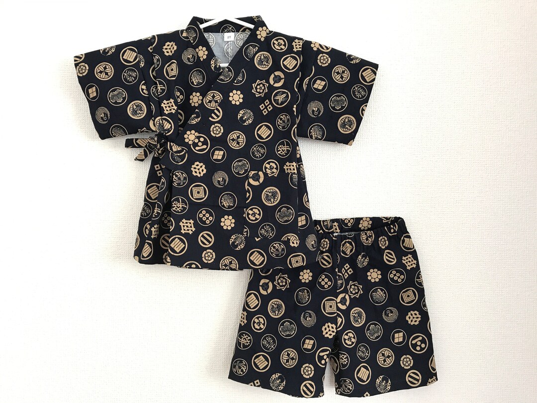 2-piece Toddler Jinbei Kimono, Japanese Clothes, Kamon Emblem, Navy Blue or Ecru or Brick Red or ...