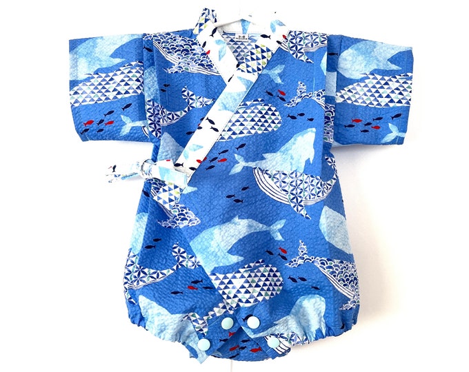 Baby Romper Jinbei Kimono, Japanese Ripple-finished Fabric, Whale, Sky ...