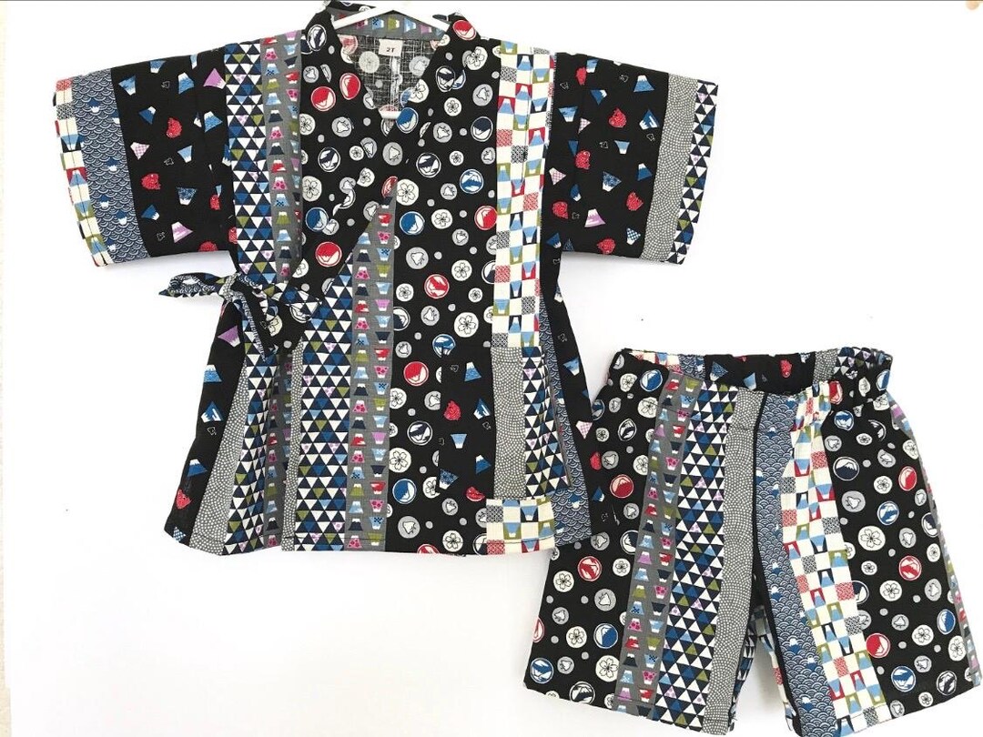 2-piece Toddler Jinbei Kimono, Japanese Clothes, Mt. Fuji Strips, Black ...