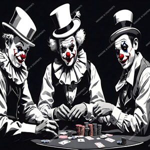Poker Clowns 4 Black & White Digital Art Print, AI Generated, Wall Art ...