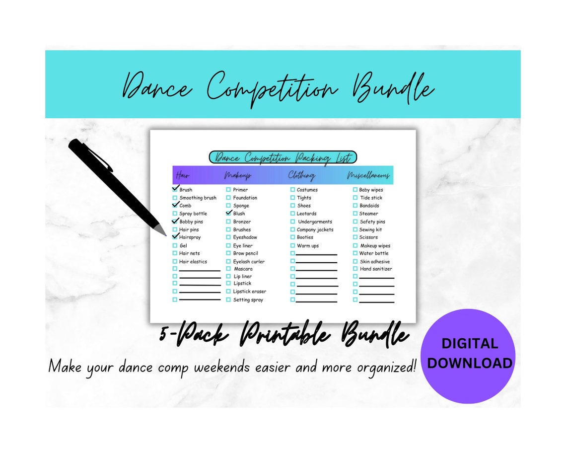 Dance Competition Printable Bundle, Dance Competition Packing List ...