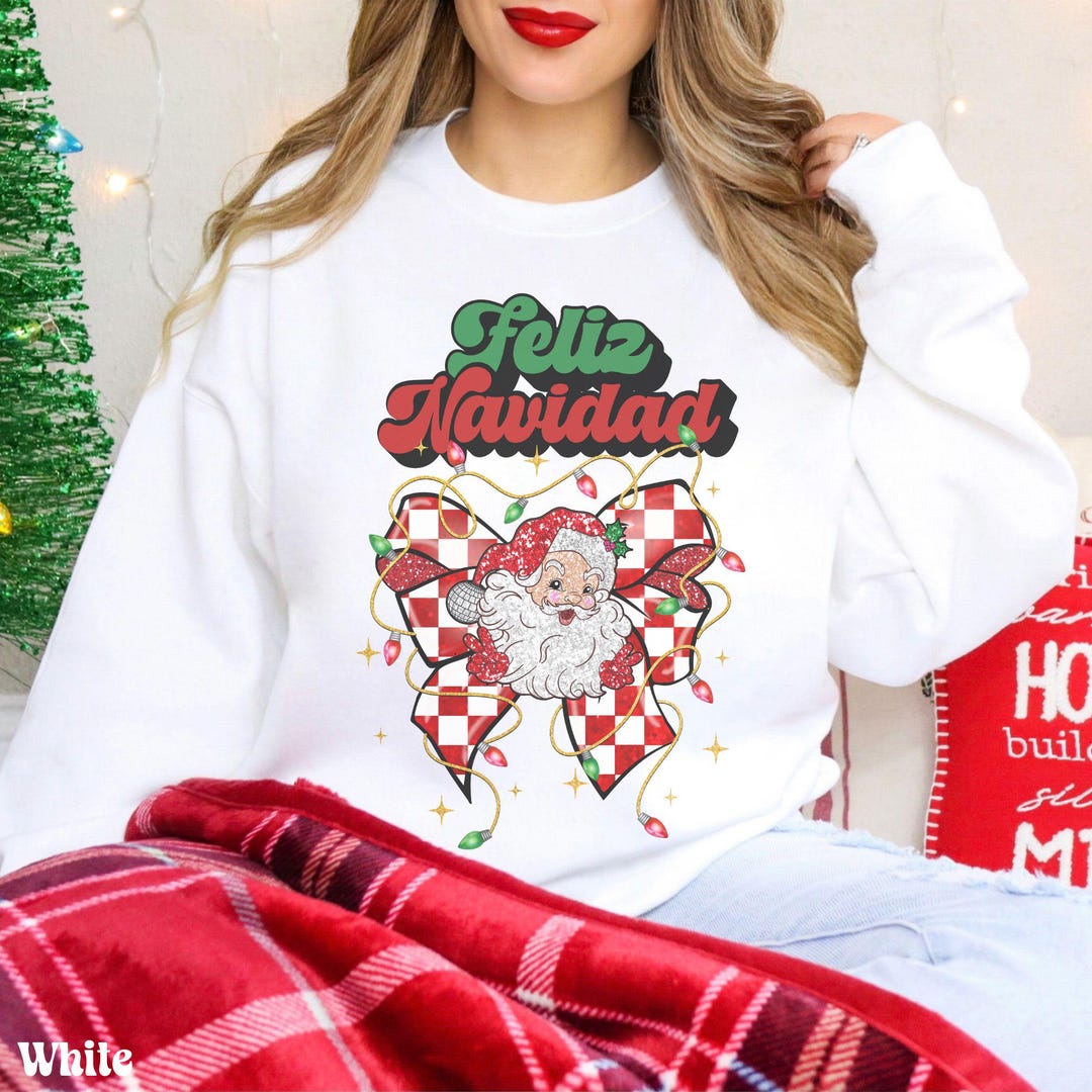 Spanish Christmas Coquette, Glitter Santa, Checkered Bow Shirt, Feliz ...
