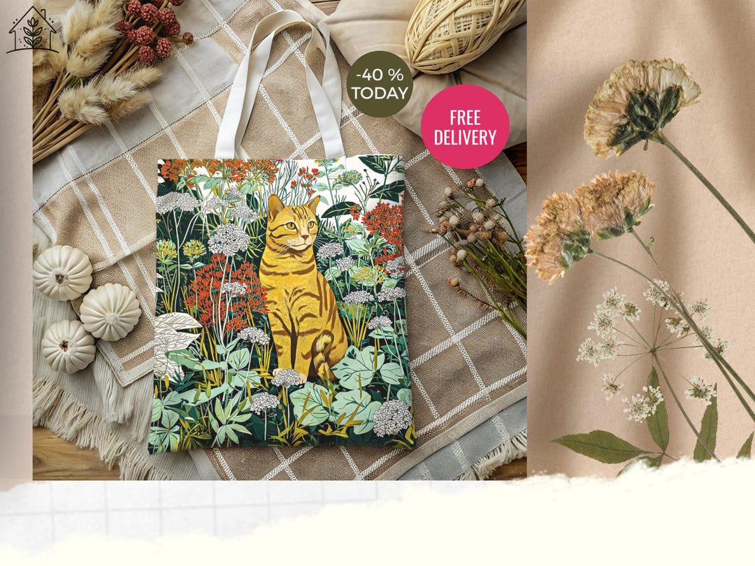 Orange Cat Tote Bag, Floral Canvas Cat Bag, Cottagecore Cat Lover Gift ...