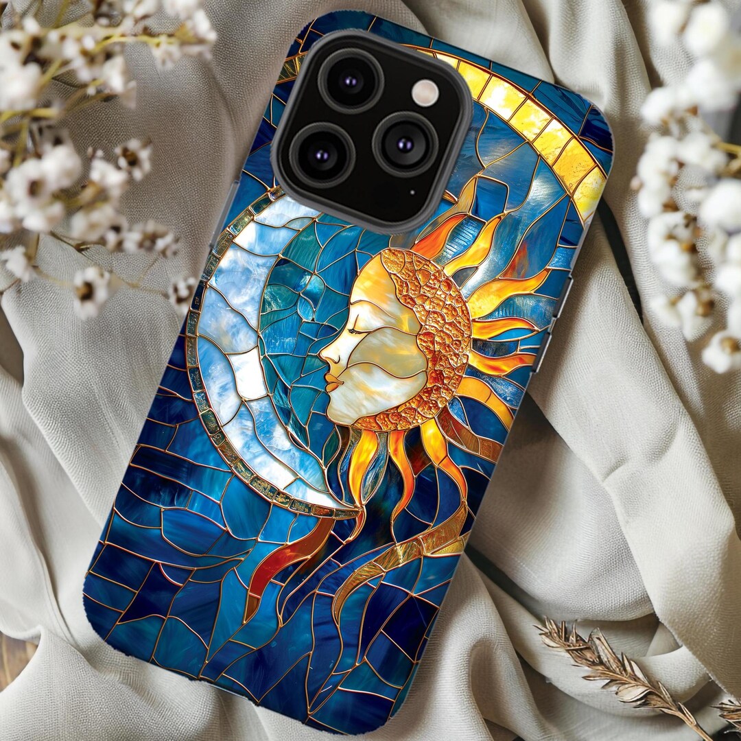 Celestial Stained Glass Sun & Moon Phone Case, Faux Stain Glass Starry ...