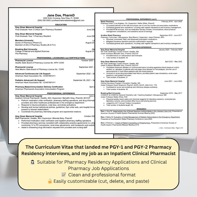 Simple Pharmacist CV (curriculum Vitae) - Etsy