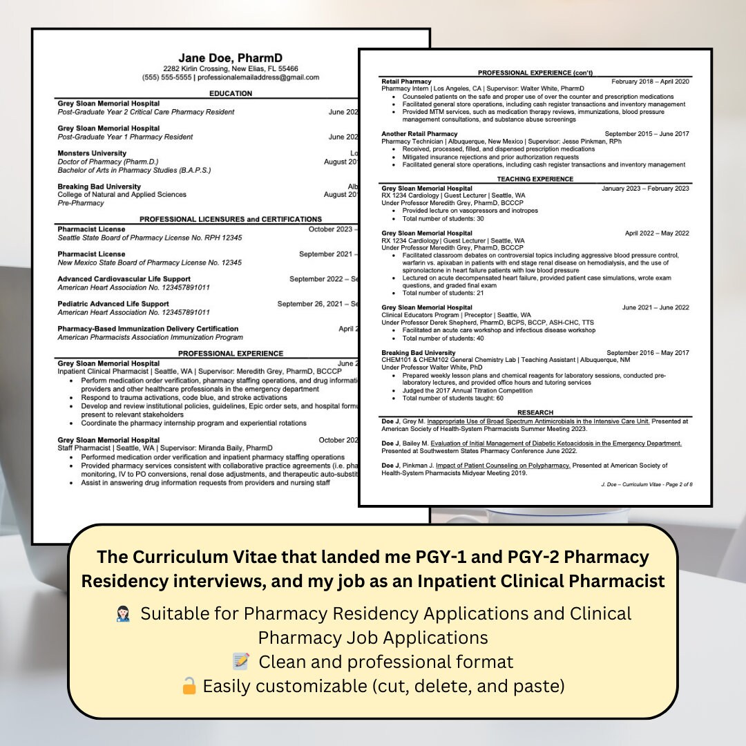 Pharmacist Resume Template, Pharmacy CV, Residency, Clinical Pharmacist ...