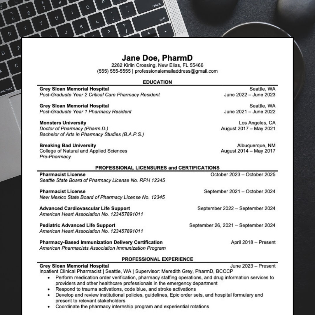 Pharmacist Resume Template, Pharmacy CV, Residency, Clinical Pharmacist ...