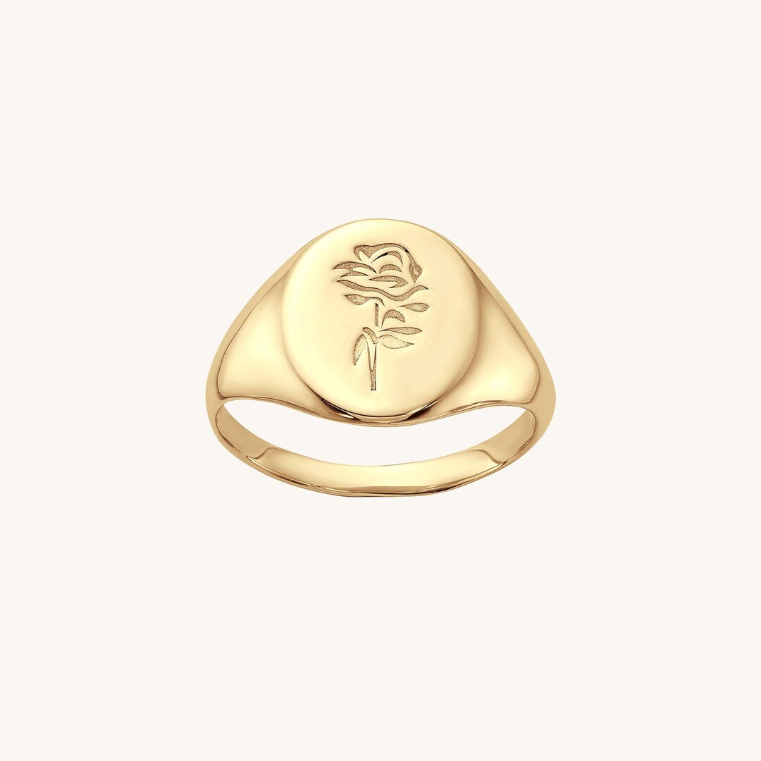 Rose Engraved Oval Signet Ring – Floral Custom Ring in 925 Silver, Gold ...