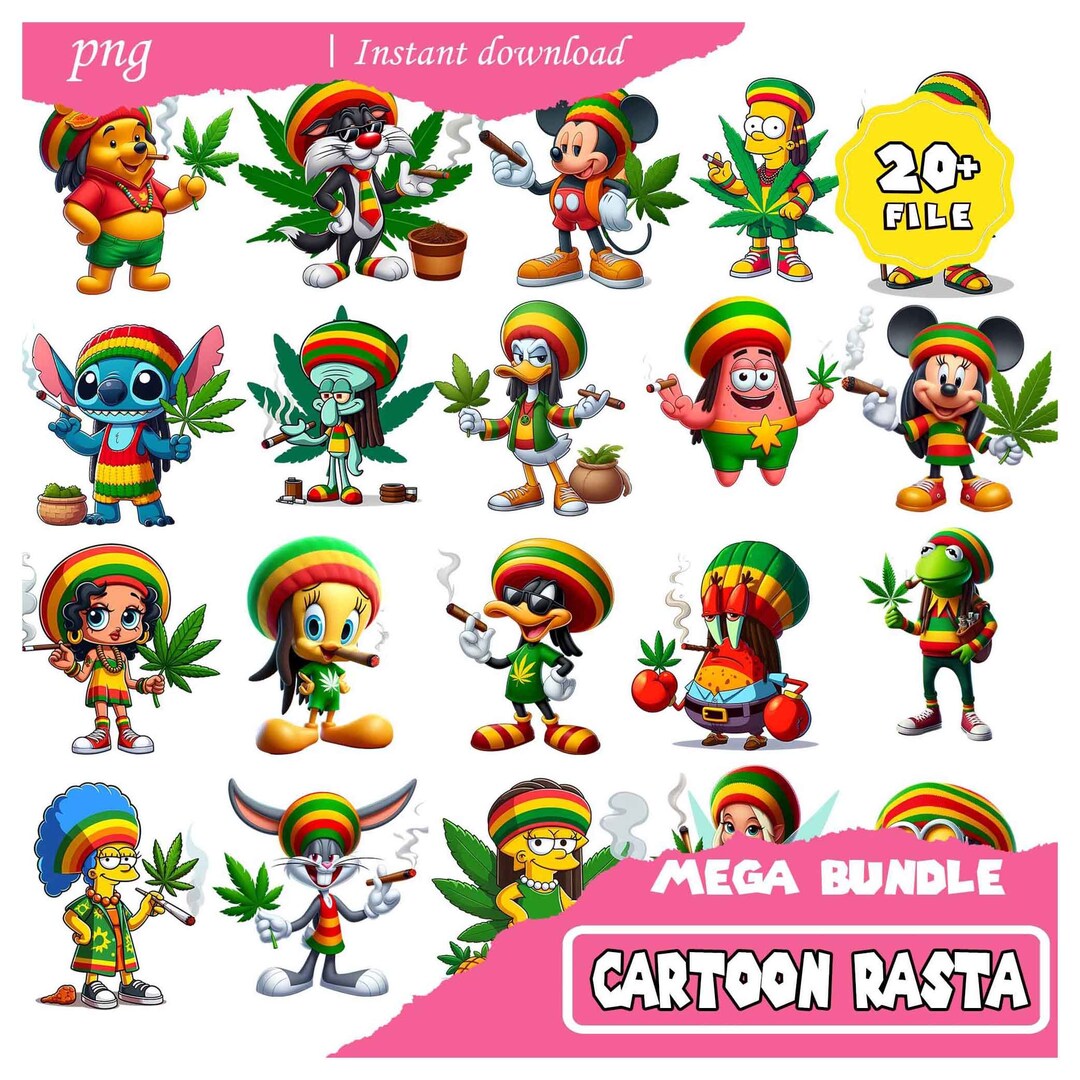 Cartoon Rasta Digital Designs for Printing, Rasta SVG Bundle, Weed Svg ...