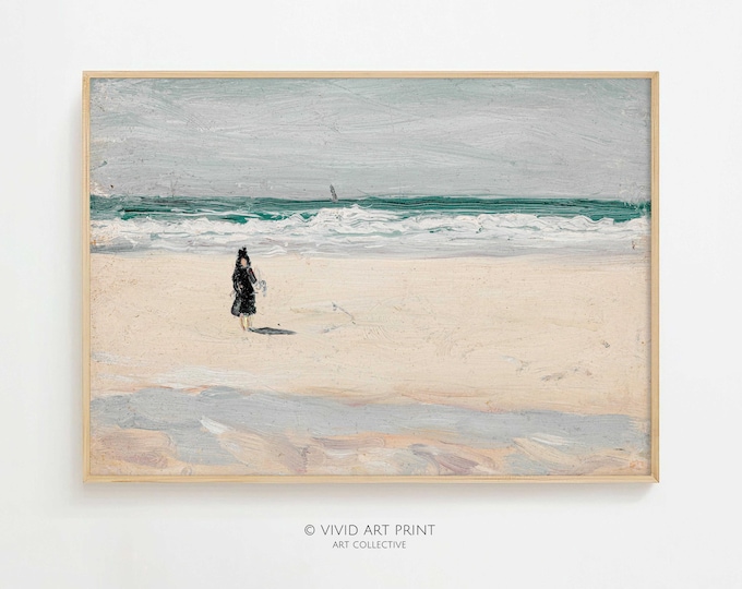 Muted Beach Scene Oil Painting: Warm Tone Coastal Art (digital Download ...