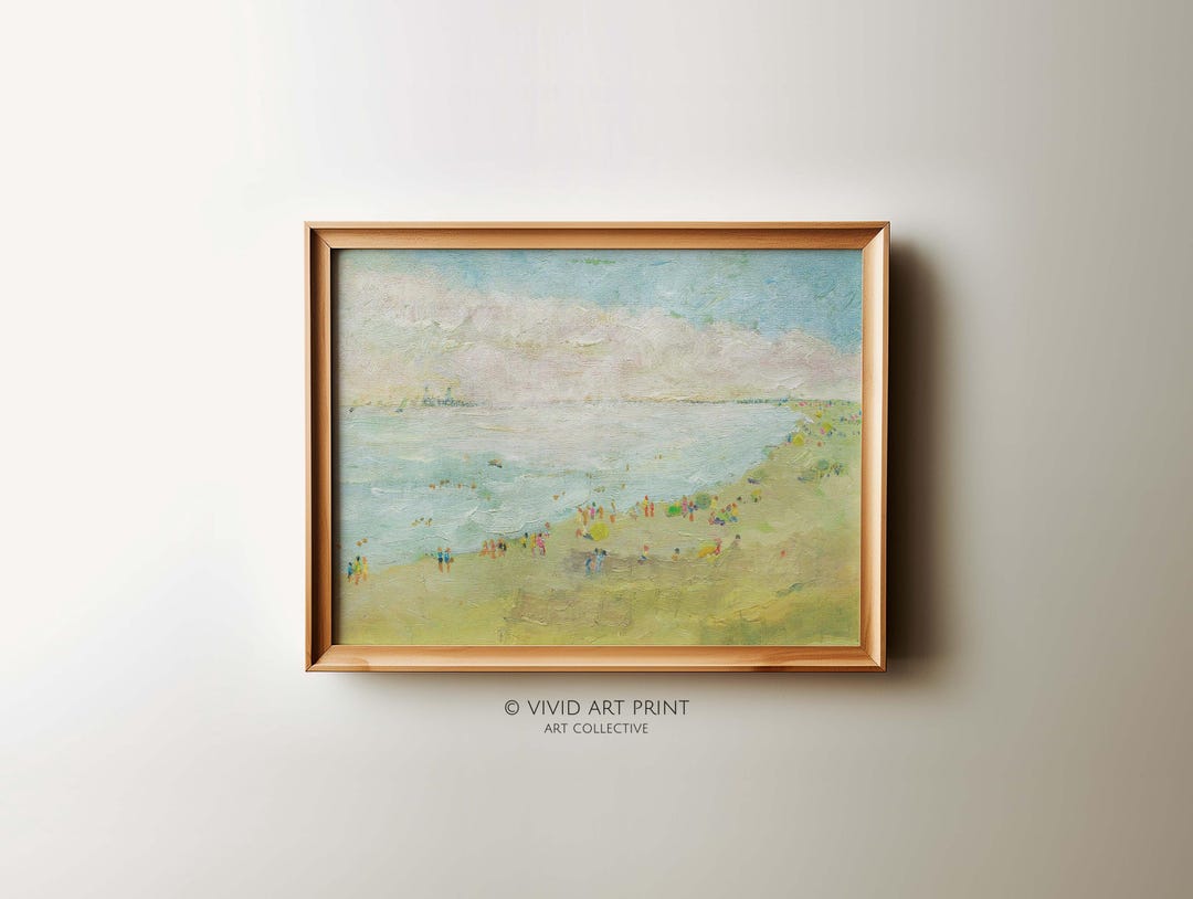 Coastal Cottagecore Seascape Art Print: Vintage Beach Day (digital ...