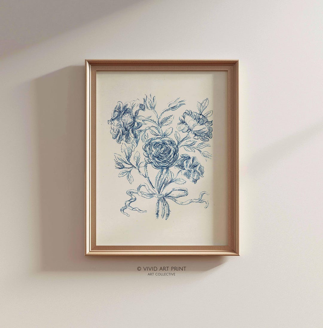 Antique Blue Rose Bouquet Sketch PRINTABLE Wall Art | Vintage Botanical ...