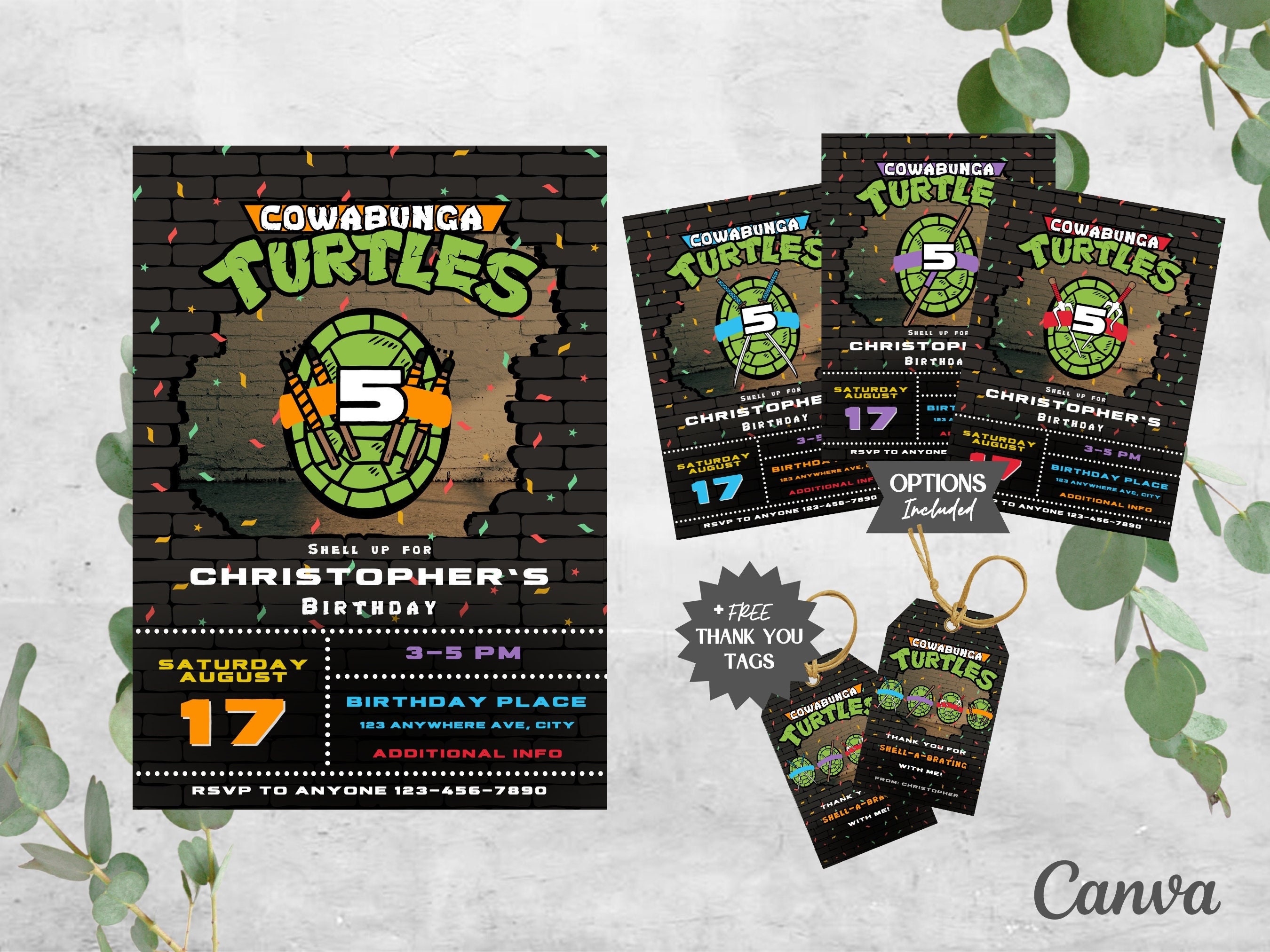 Ninjas Shells Birthday Turtle Invitation Bundle of 4 | Dark Brick ...