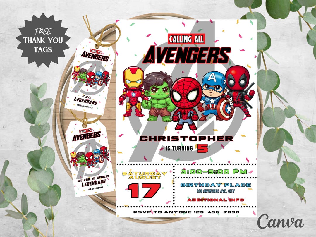 Superhero Birthday Invitation | Aven-gers Superheroes | Marvelous Heroes, Spide-y Captain Dead ...
