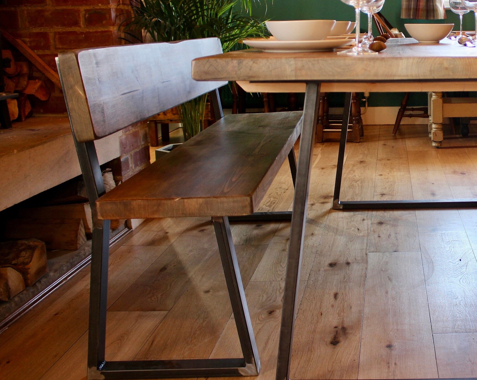 Rustic Industrial Handmade Dining Table With a Bench With Back Set ...