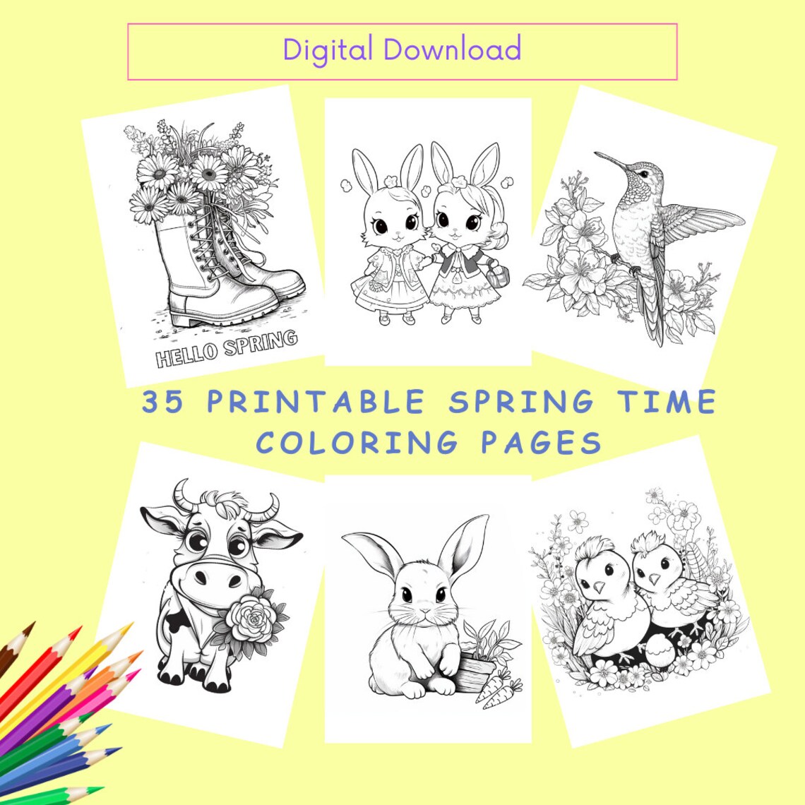 Hello Spring Coloring Pages - Etsy