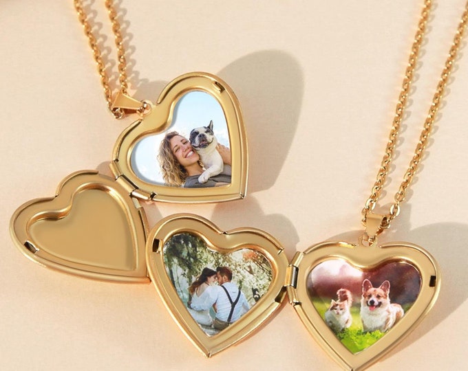 Heart Locket Necklace With Photo, 14K Gold-plated Heart Photo Locket ...