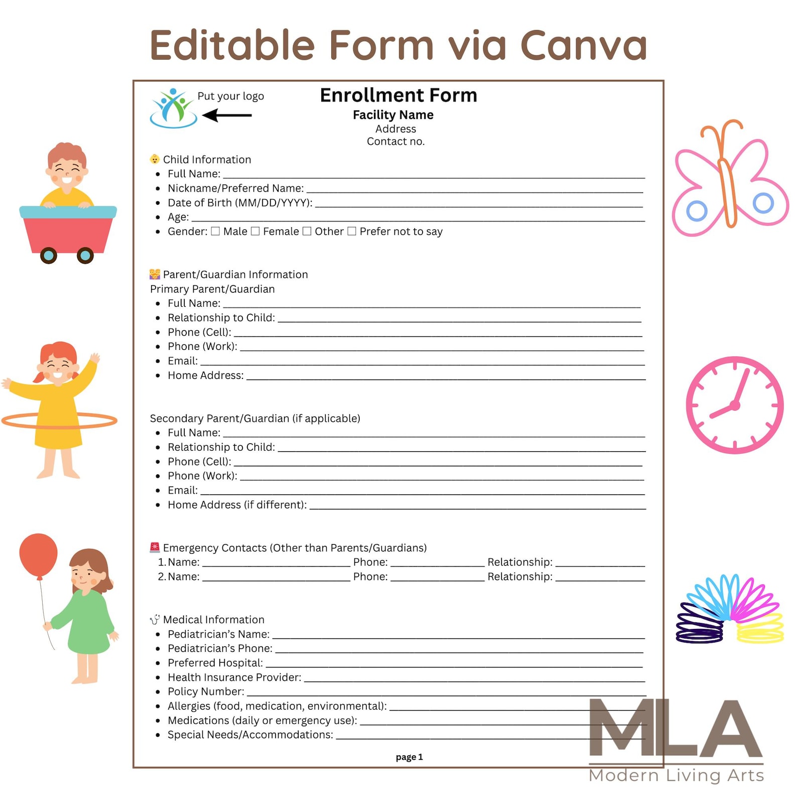 Child Care Enrollment Form, Printable and Editable Enrollment Form for ...