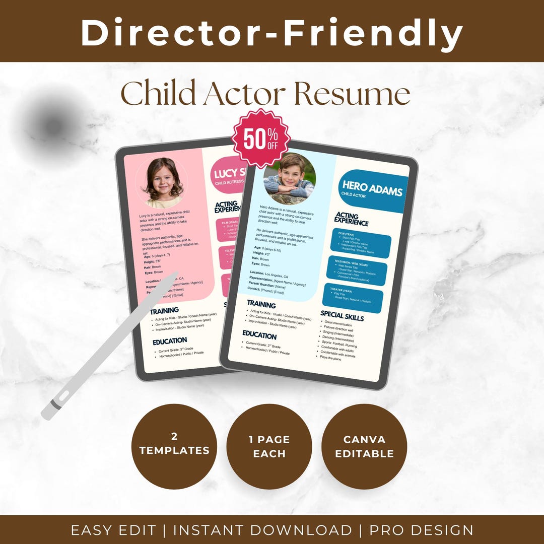 Child Actor Resume Template Editable Canva CV Headshot Cover Letter and ...