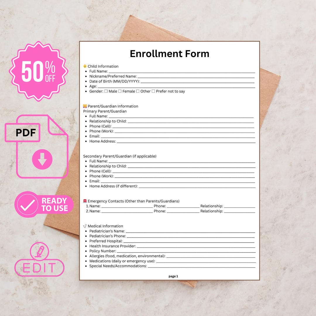 Child Care Enrollment Form, Printable and Editable Enrollment Form for ...