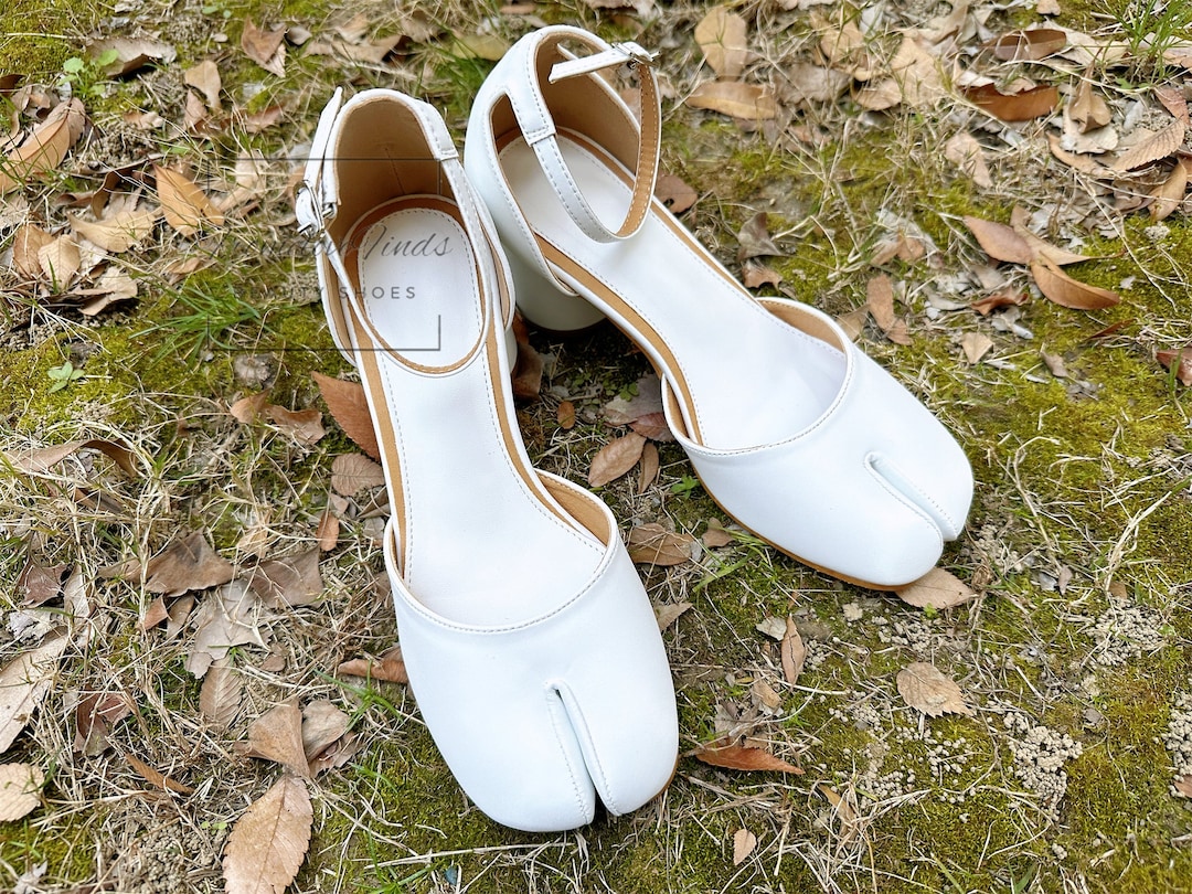 White Women Split Toe Mary Janes, 3.5cm/6cm Chunky Round Heels Tabi ...