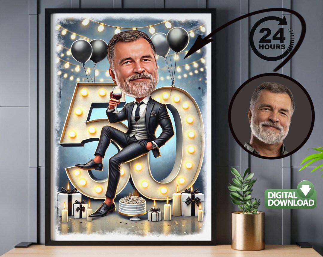 Personalised 50th Cartoon Portrait, Custom Happy Birthday Caricature ...