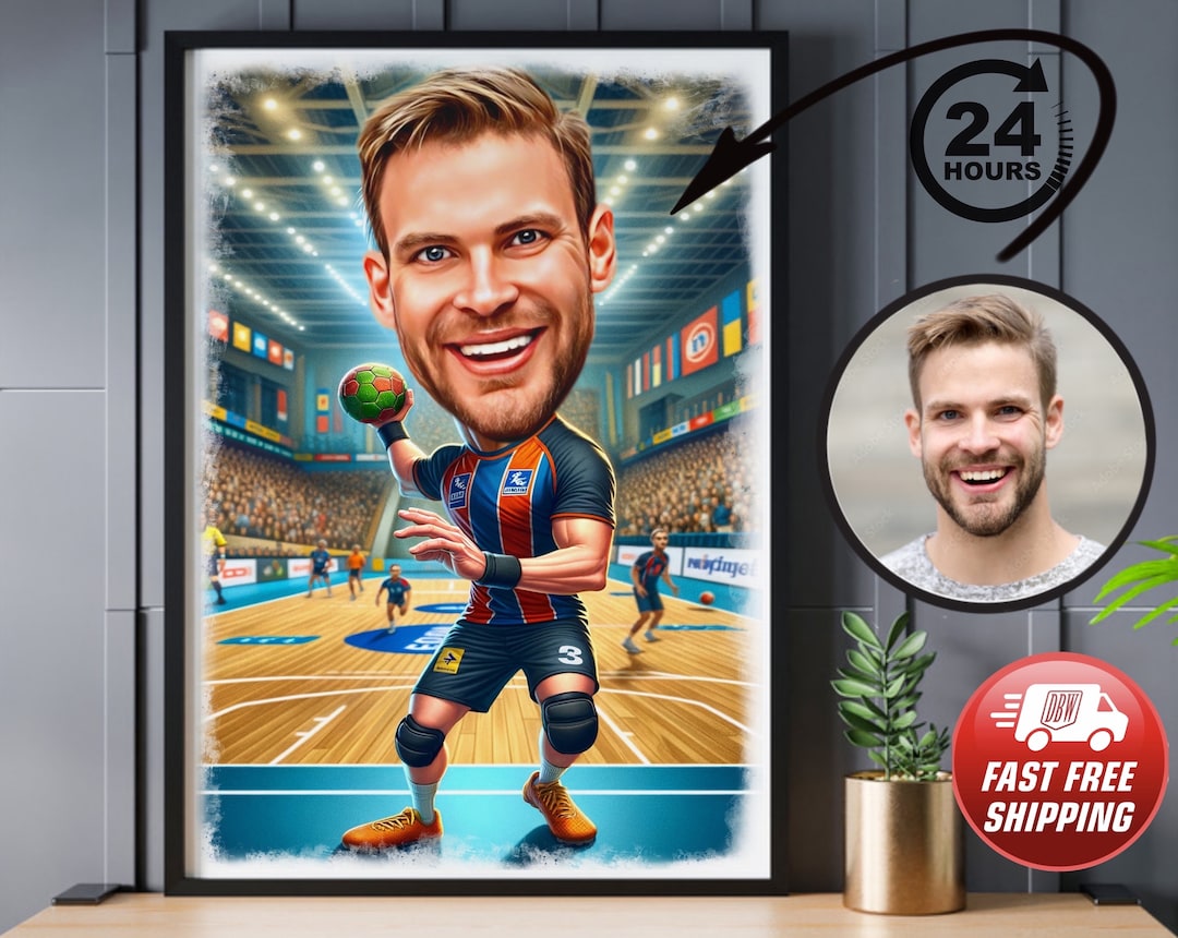 Personalised Handballspiel Cartoon Portrait, Custom Handball Caricature ...