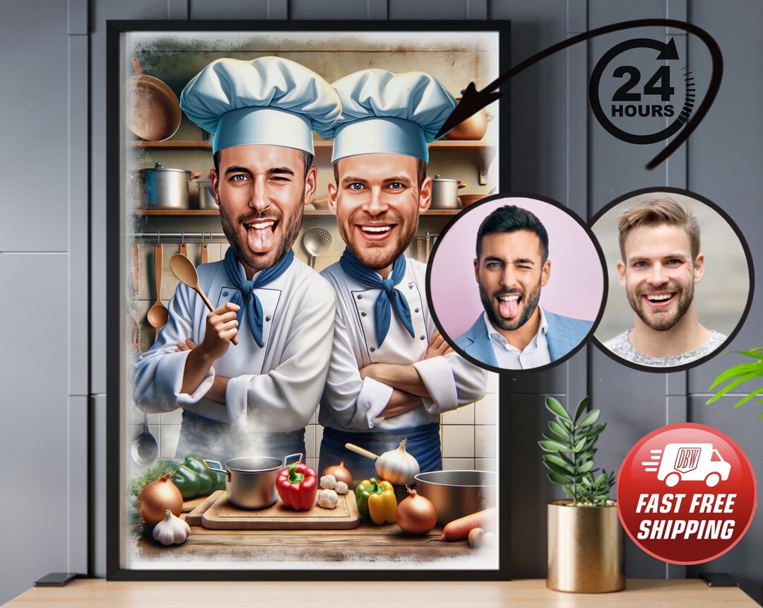 Custom Male Chefs Cartoon Portrait, 2 Chefs Caricature, Gift for Chefs ...