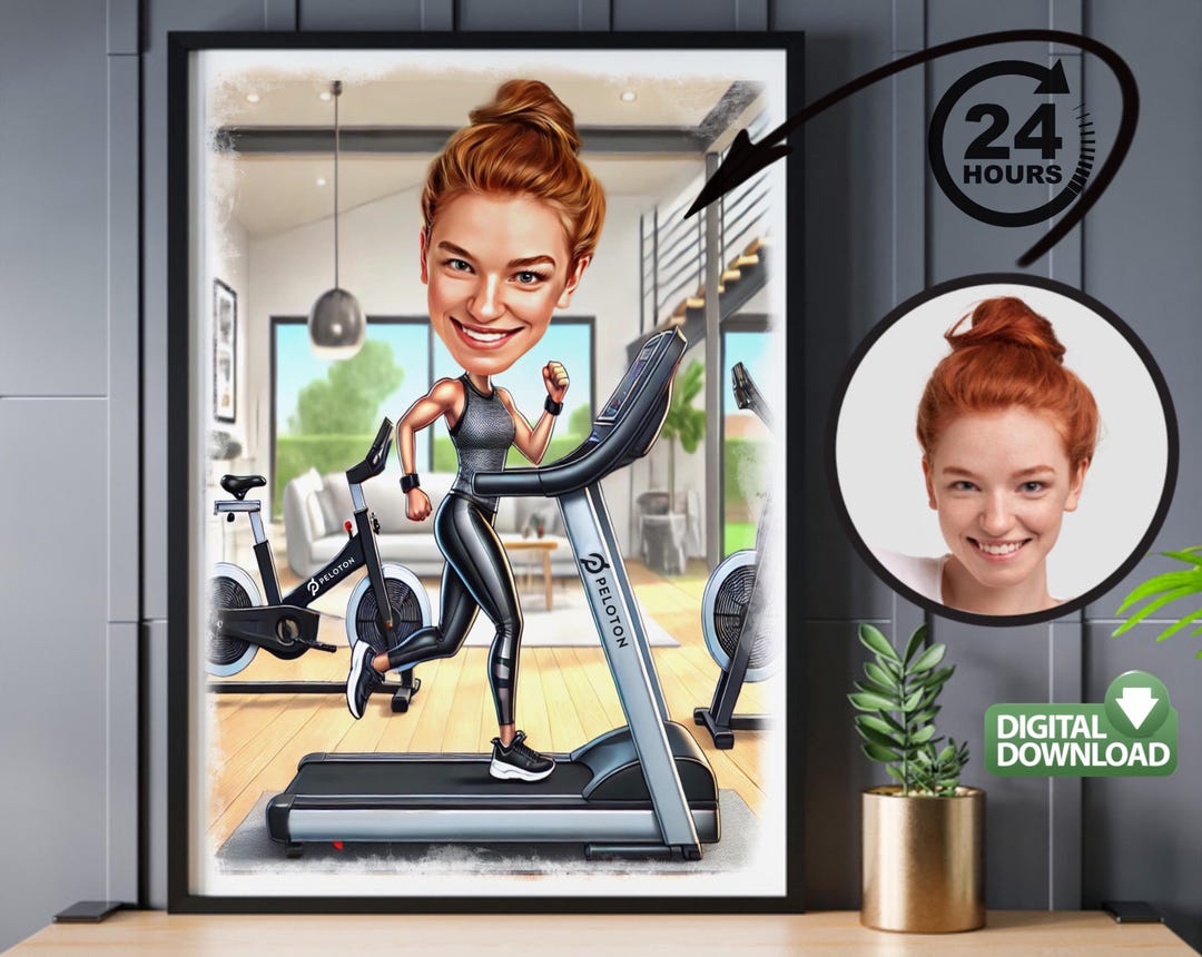 Treadmill Girl Cartoon Portrait, Peloton Enthusiast Caricature, Gift ...