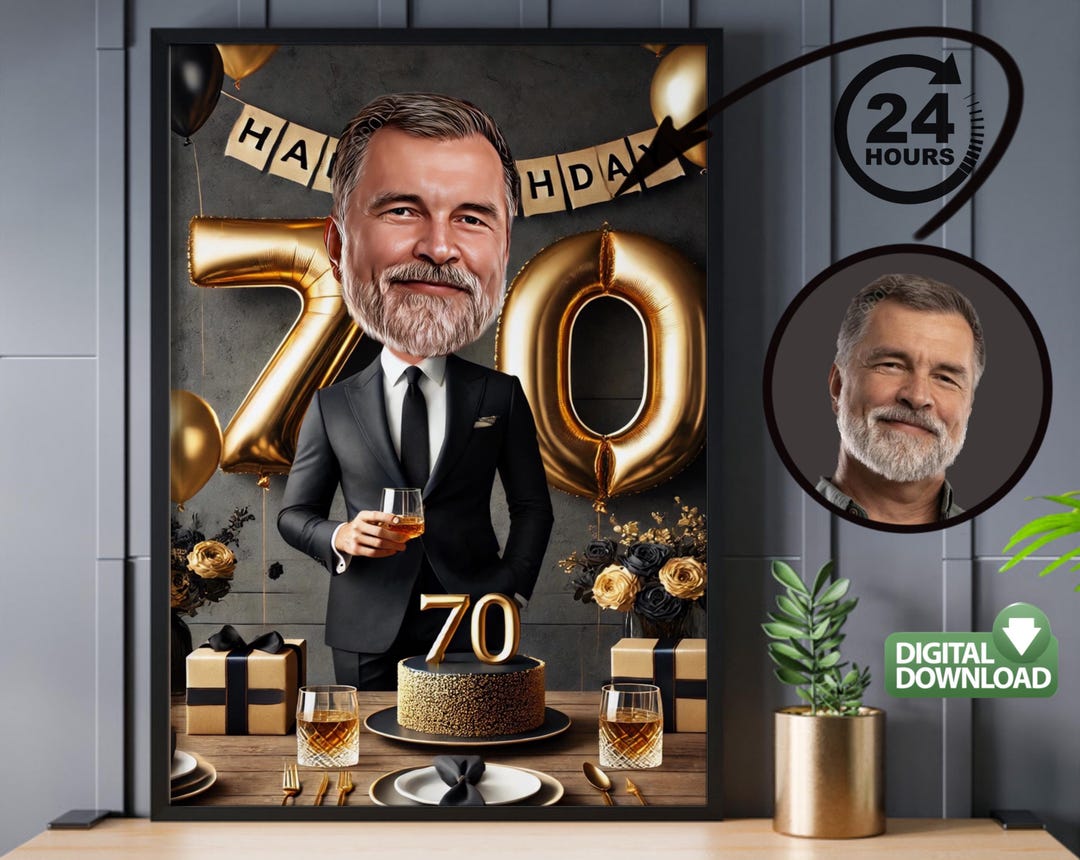 Personalised 70th Cartoon Portrait, Custom Happy Birthday Caricature ...