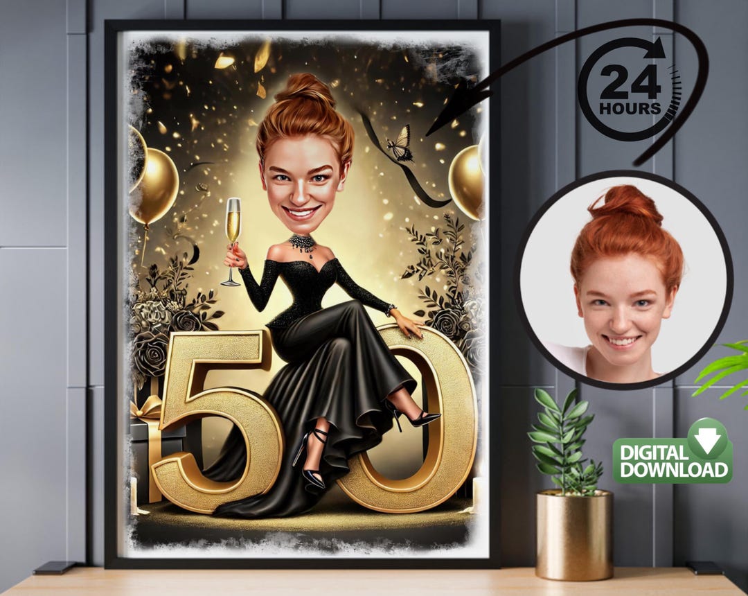 Personalised 50th Cartoon Portrait, Custom Happy Birthday Caricature ...