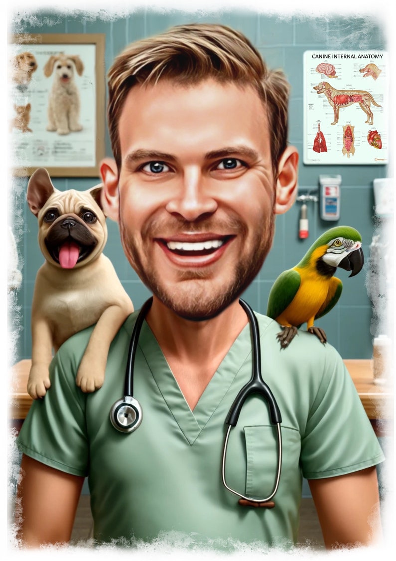 Personalised Veterinarian Cartoon Portrait, Custom Vet Caricature ...