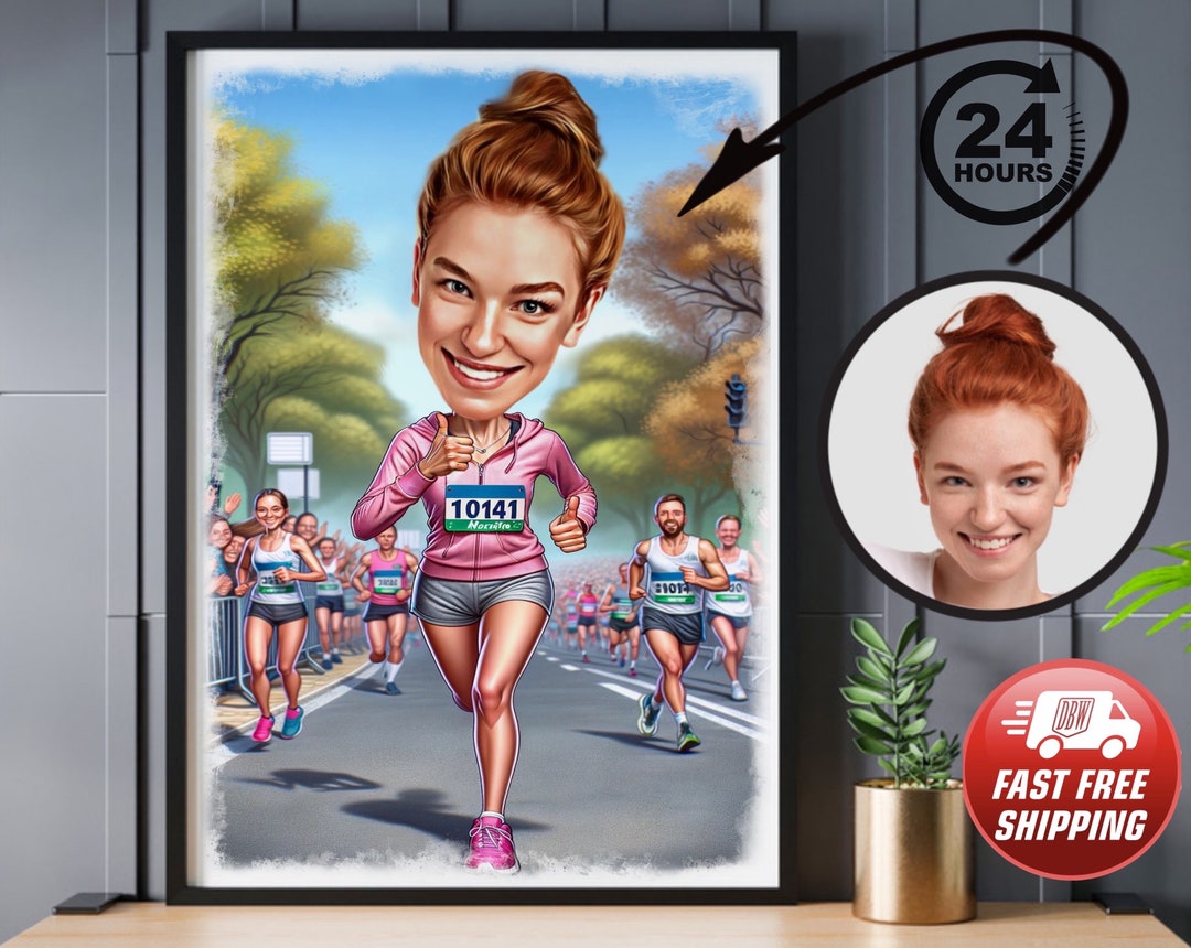 Personalised Runner Cartoon Portrait, Custom Maraton Runner Caricature ...