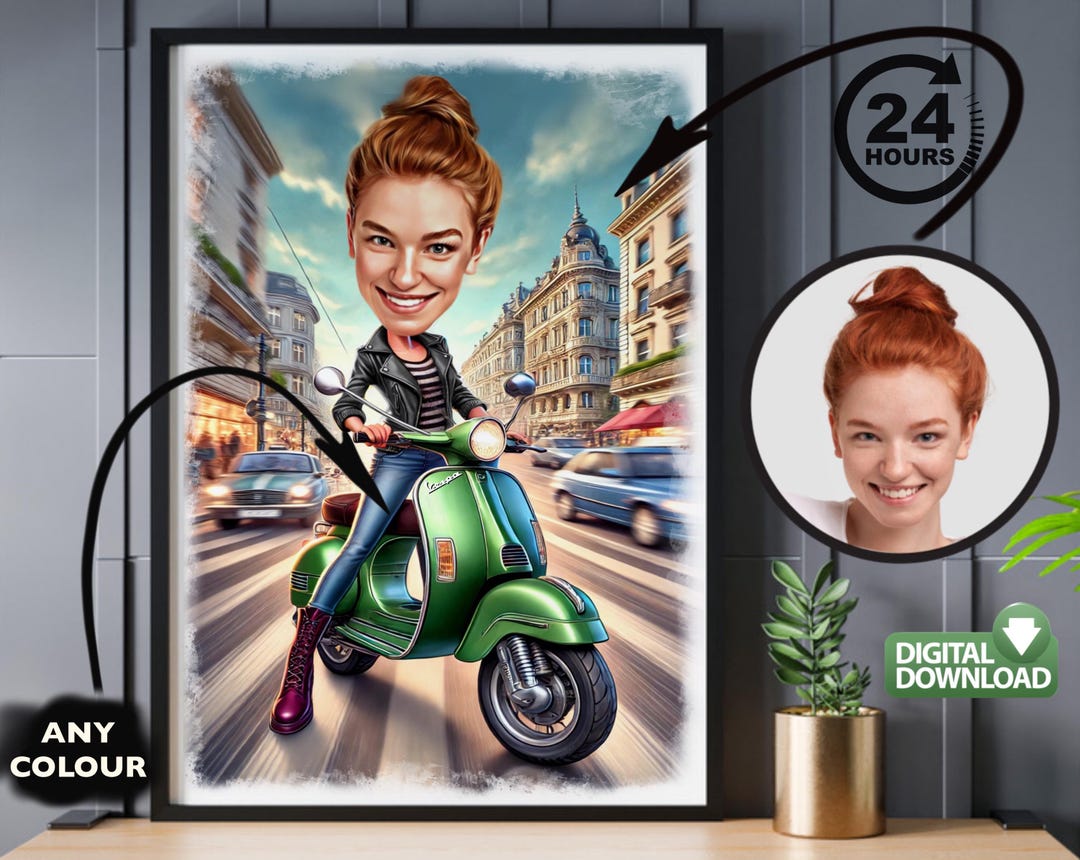 Personalised Scooter Cartoon Portrait, Custom Vespa Caricature Drawing ...