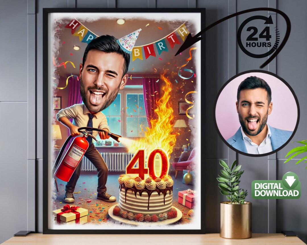 Personalised 40th Cartoon Portrait, Custom Happy Birthday Caricature ...