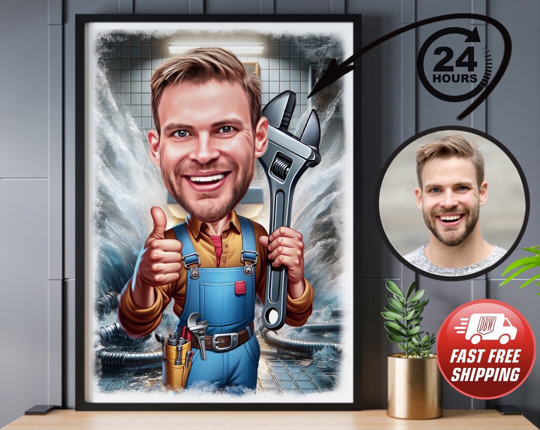Personalised Plumber Cartoon Portrait, Custom Plumbing Caricature ...