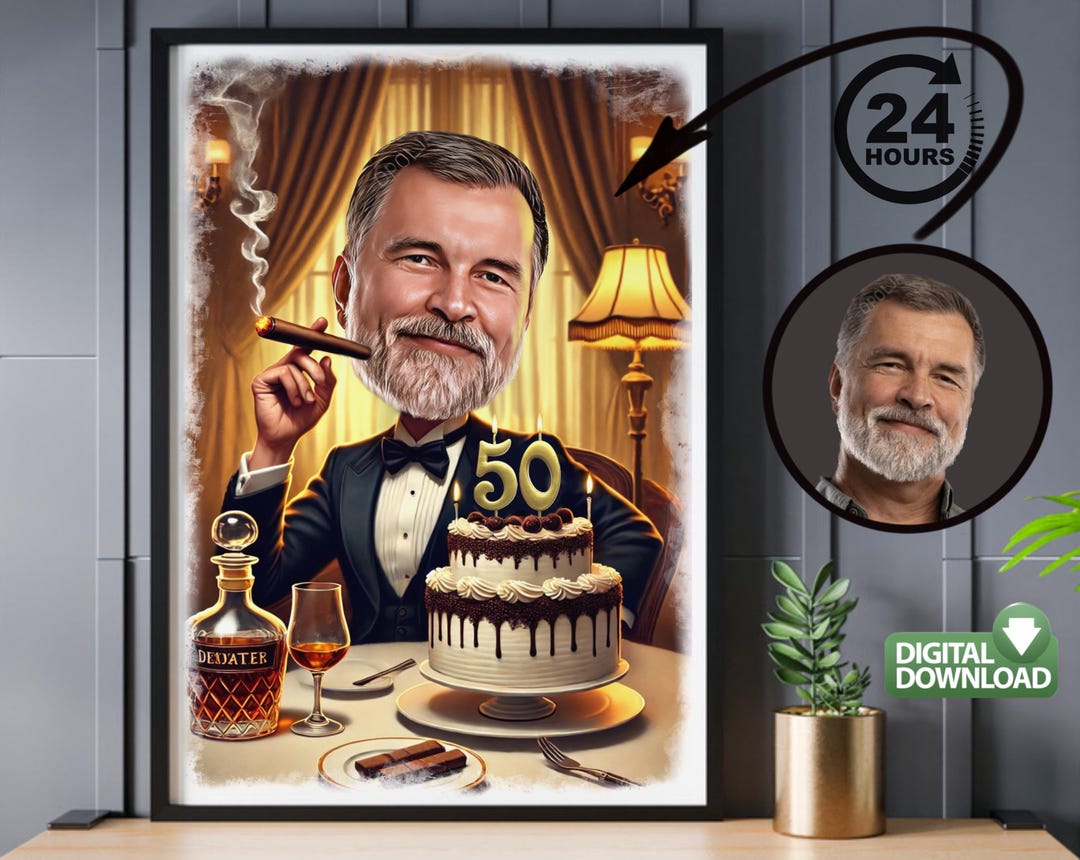 Personalised 50th Cartoon Portrait, Custom Happy Birthday Caricature ...