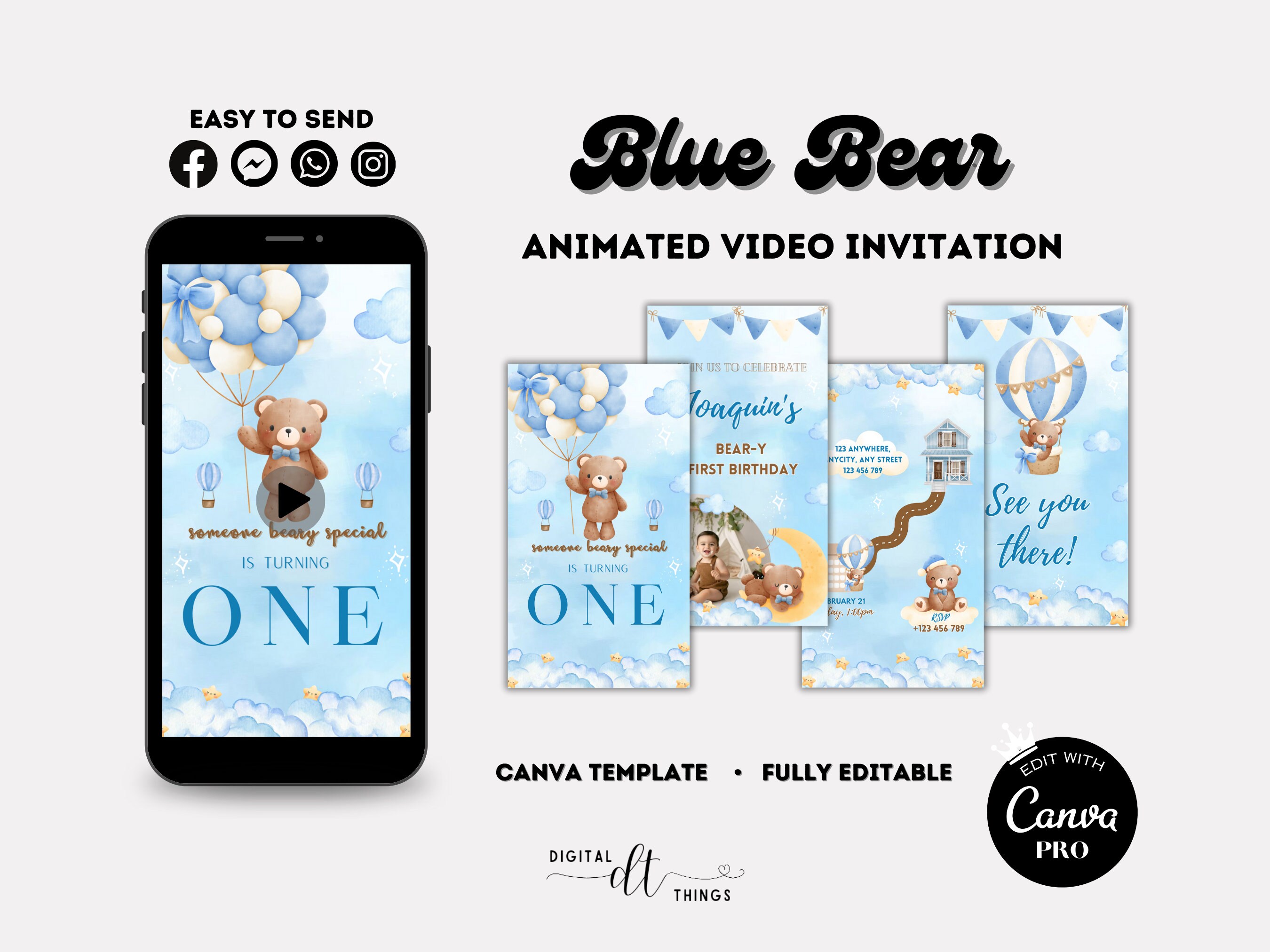Editable Animated Video Invitation Blue Bear Theme | Blue Teddy Bear ...