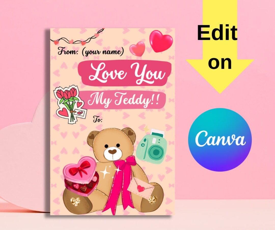 Editable Valentine's Day Card Teddy Bear edit on Canva, Printable ...