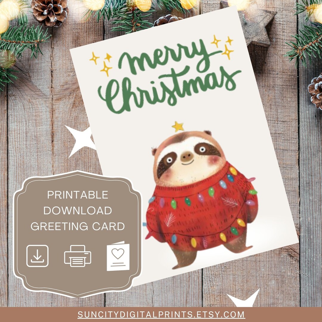Sloth Christmas Card Printable, Cute Sloth in Red Sweater, DIY Holiday ...