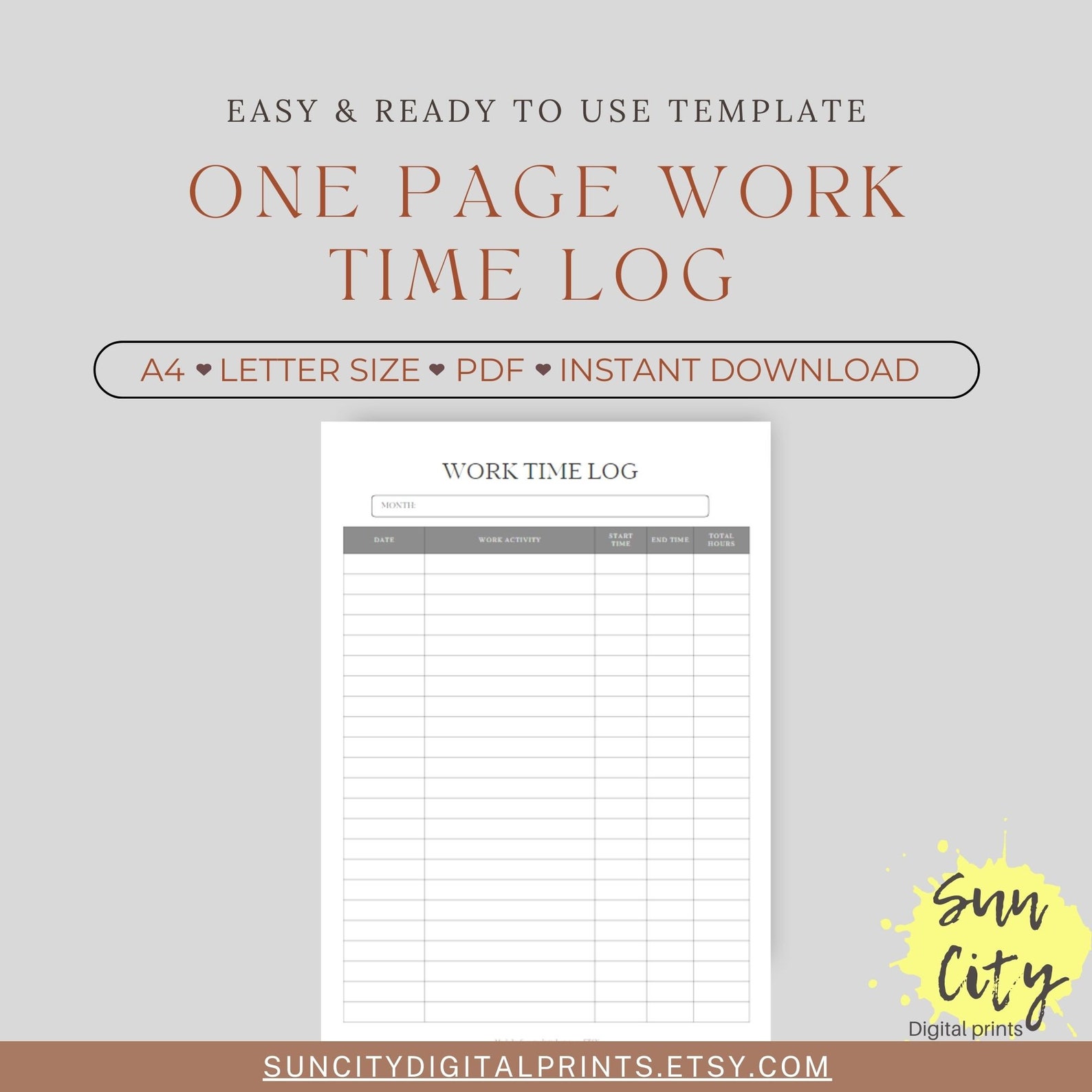 Printable Work Time Log Template, A4, Letter Size PDF, Instant Download ...
