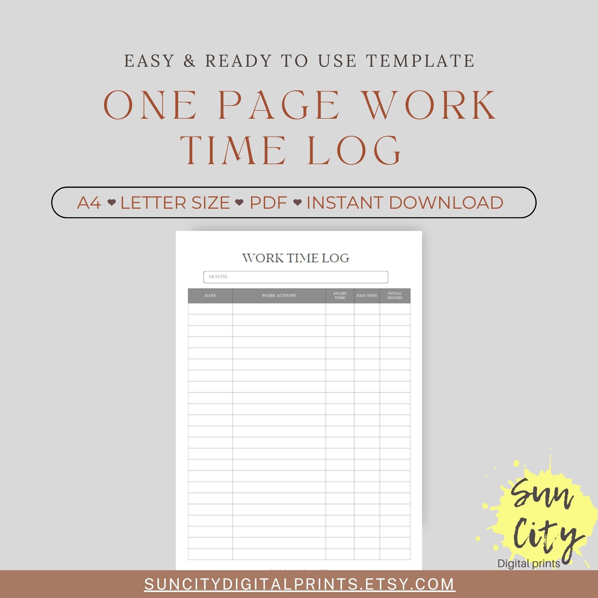 Printable Work Time Log Template, A4, Letter Size PDF, Instant Download ...